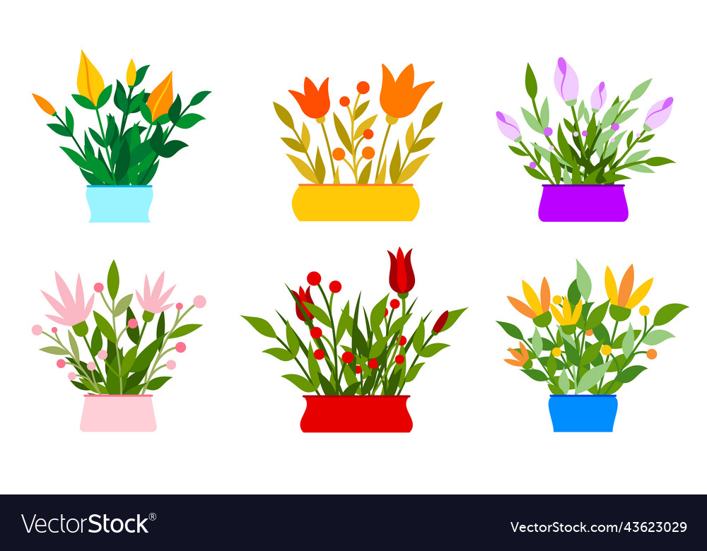 Flower pot bouquet plant floral colorful flat set Vector Image Flower pot bouquet plant floral colorful flat set Vector Image