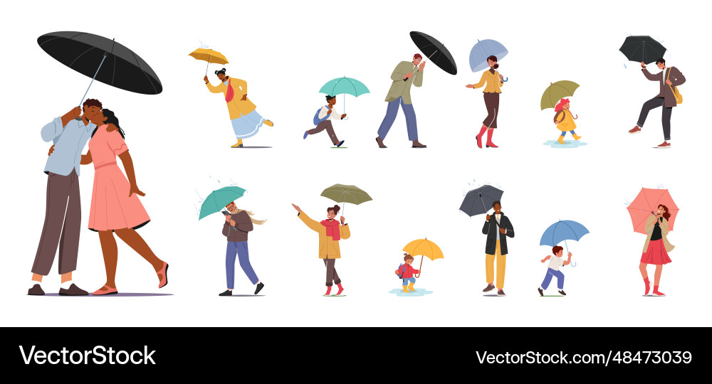 Characters at rainy day people huddled under Vector Image