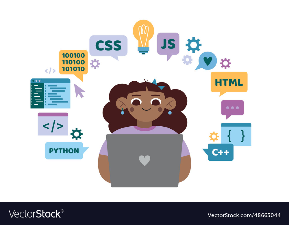 African-american girl writes code programming Vector Image African-american girl writes code programming Vector Image