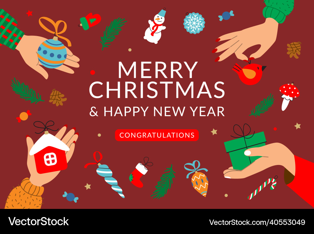 Christmas card with hands and dcorations Vector Image