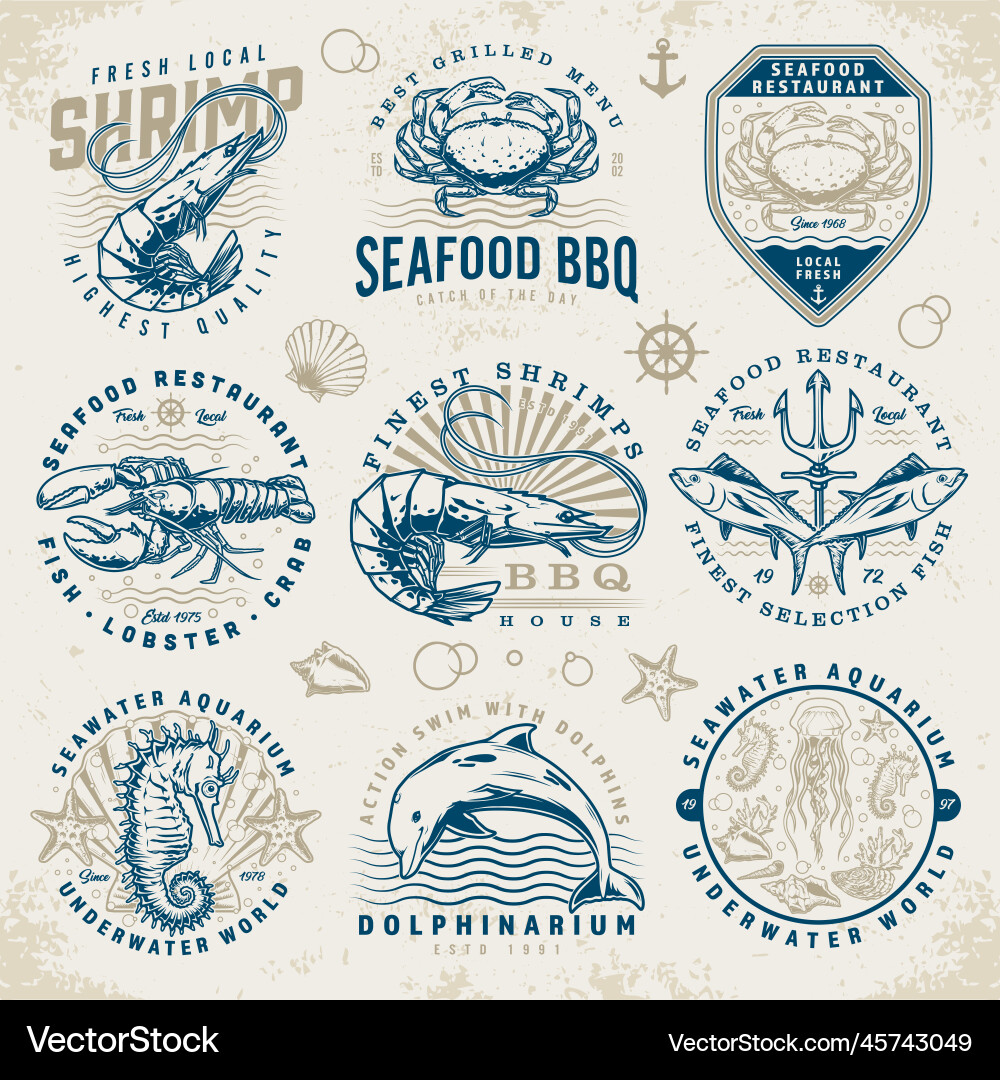 Sea food set label colorful Royalty Free Vector Image