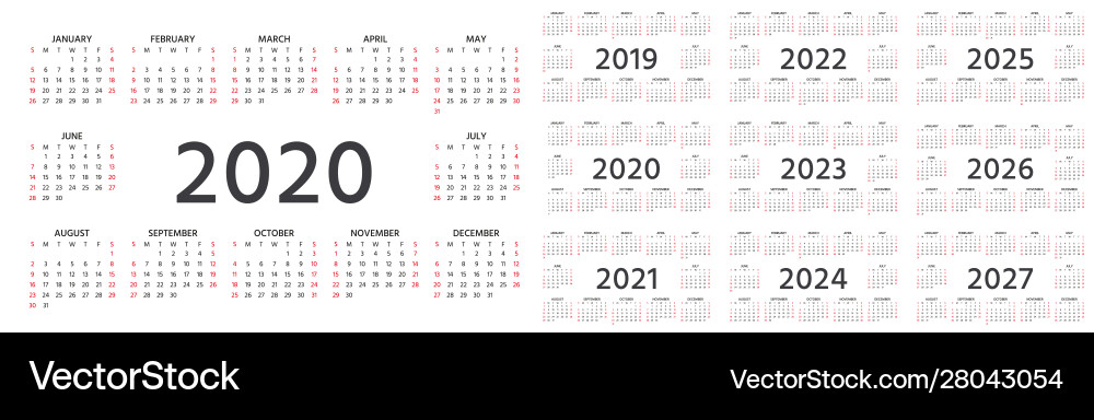 2020 calendar template year planner Royalty Free Vector