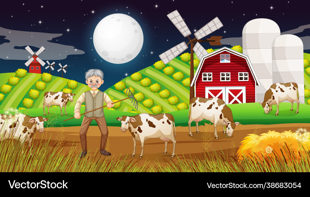 Farm at night scene with old farmer man and Vector Image