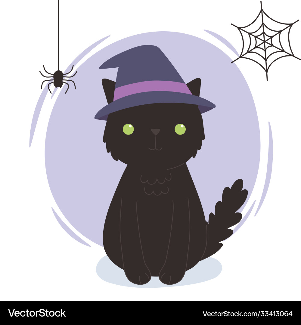 Happy halloween black cat with hat spider cobweb Vector Image