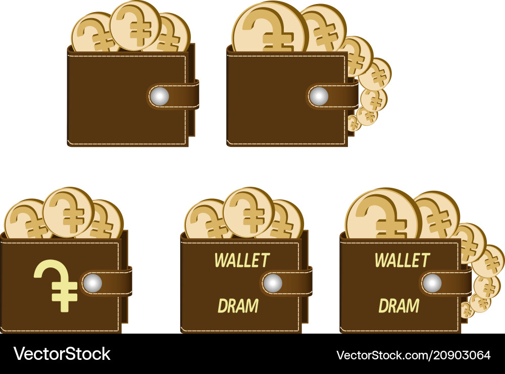 Set of brown wallets with dram coins Royalty Free Vector