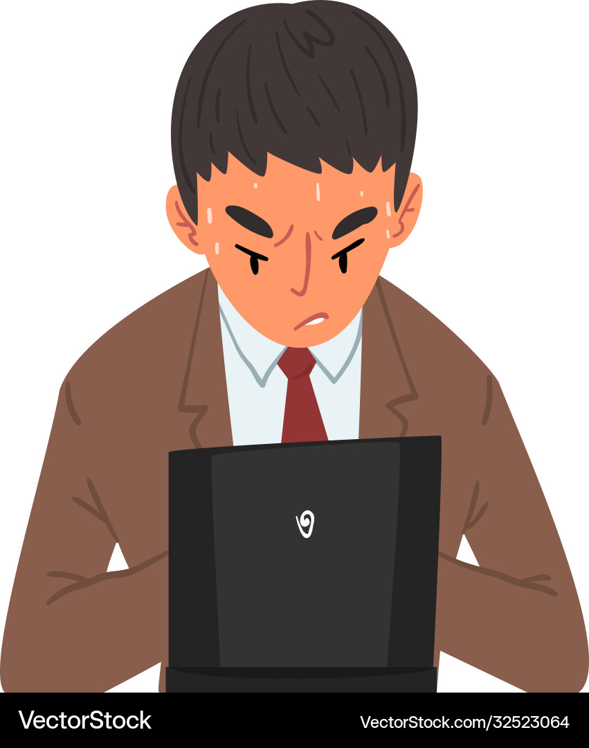 Stressed sweaty male manager sitting in front Vector Image