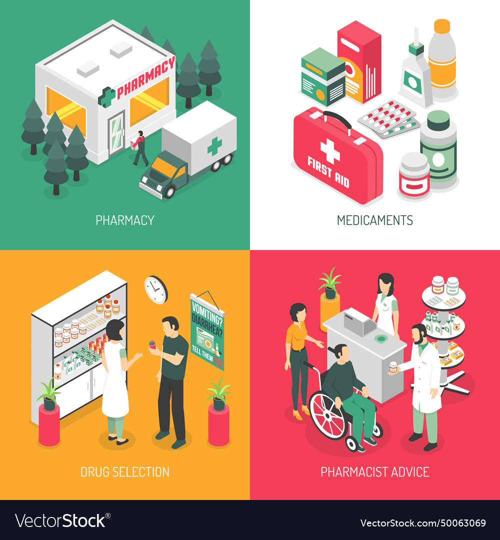 Pharmacy 4 isometric icons square Royalty Free Vector Image Pharmacy 4 isometric icons square Royalty Free Vector Image