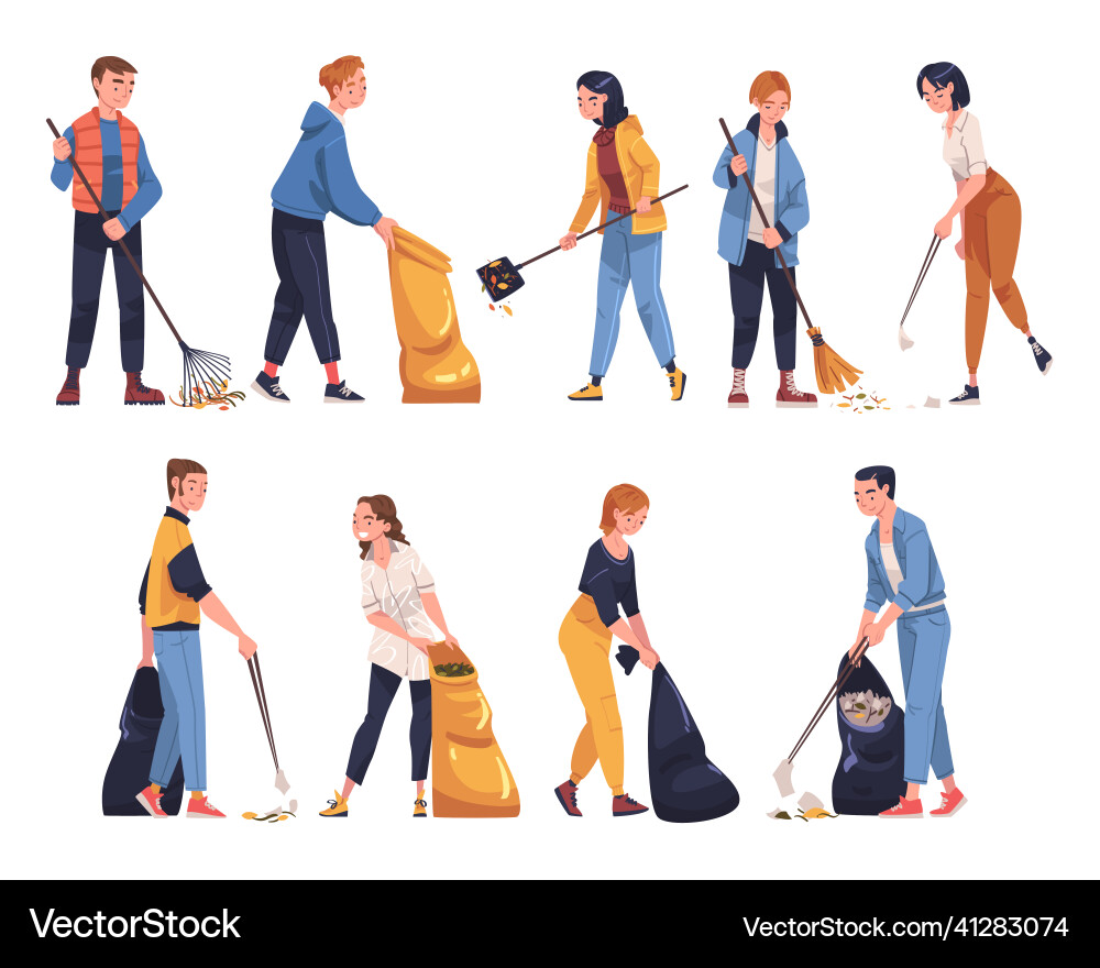 People character collecting garbage in sack Vector Image