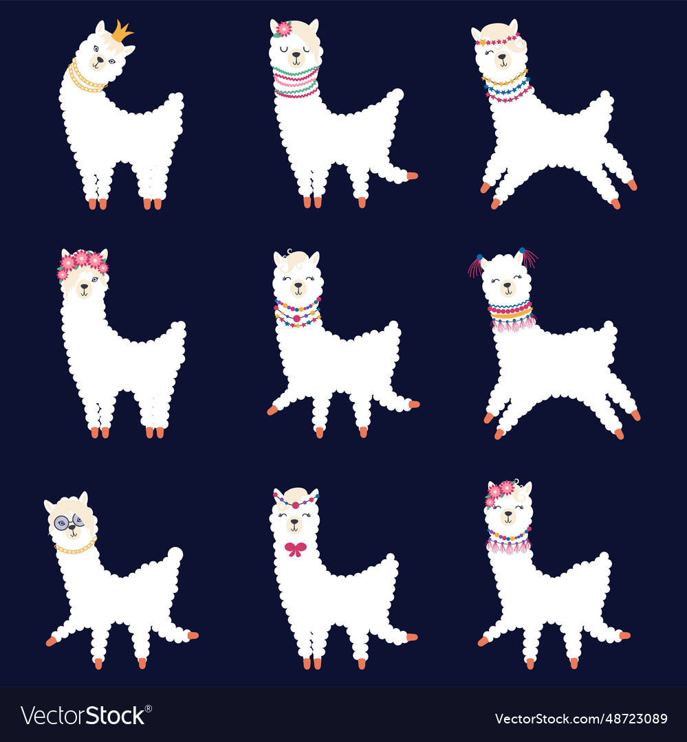 Llama set of cute animals white alpaca Royalty Free Vector