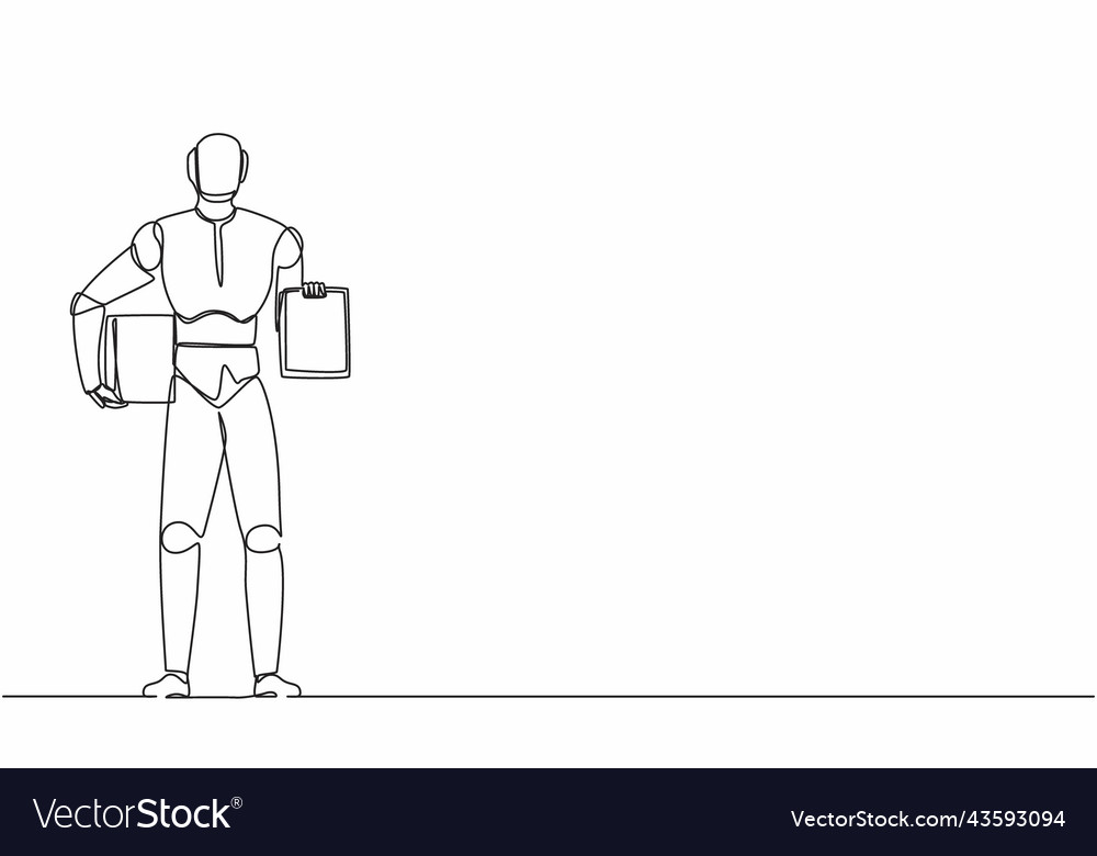 Single continuous line drawing robot holding Vector Image