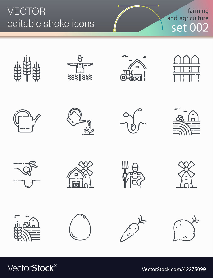 Farming editable stroke line icon set Royalty Free Vector