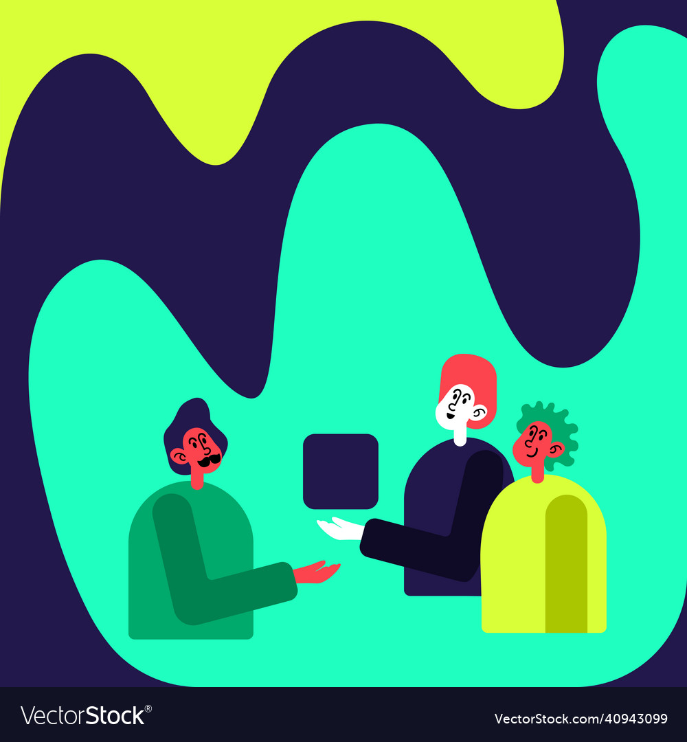 Three colleagues having meeting displaying cube Vector Image Three colleagues having meeting displaying cube Vector Image