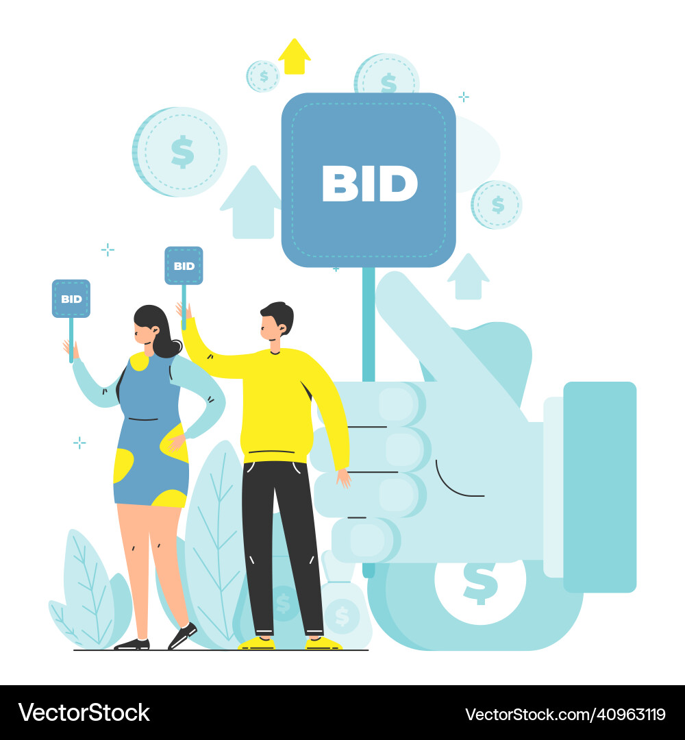 Bidders offering prices with bid paddles Vector Image