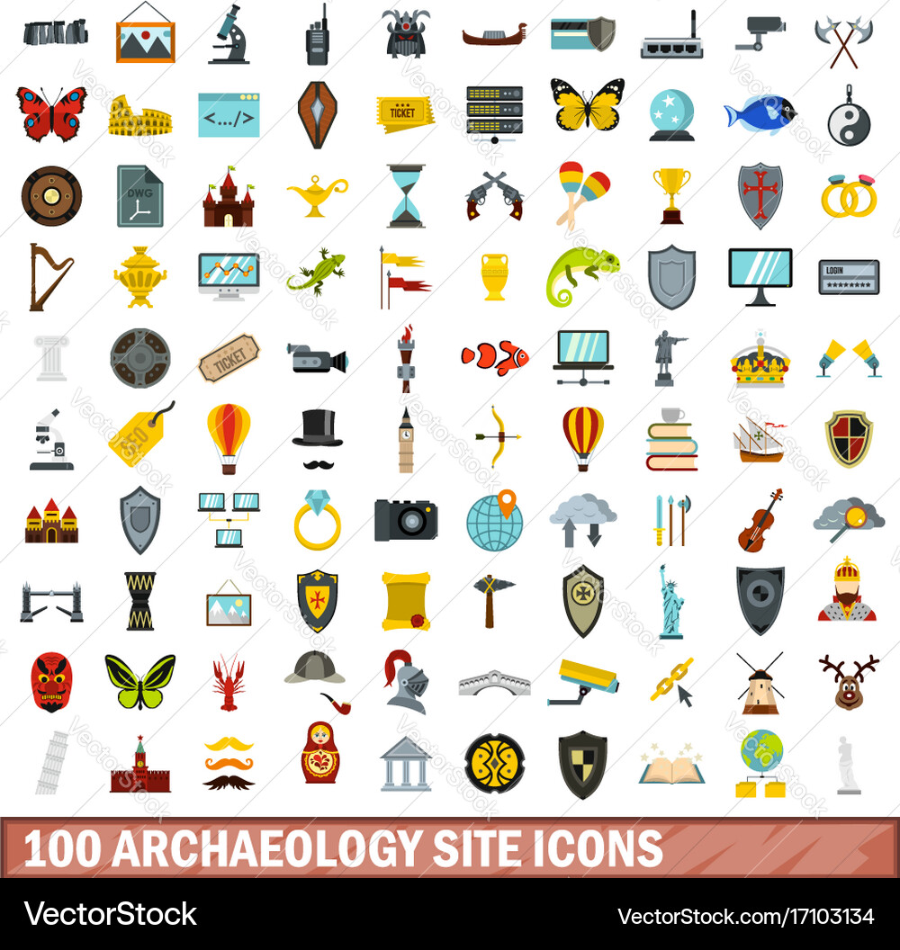 100 archaeology site icons set flat style Vector Image