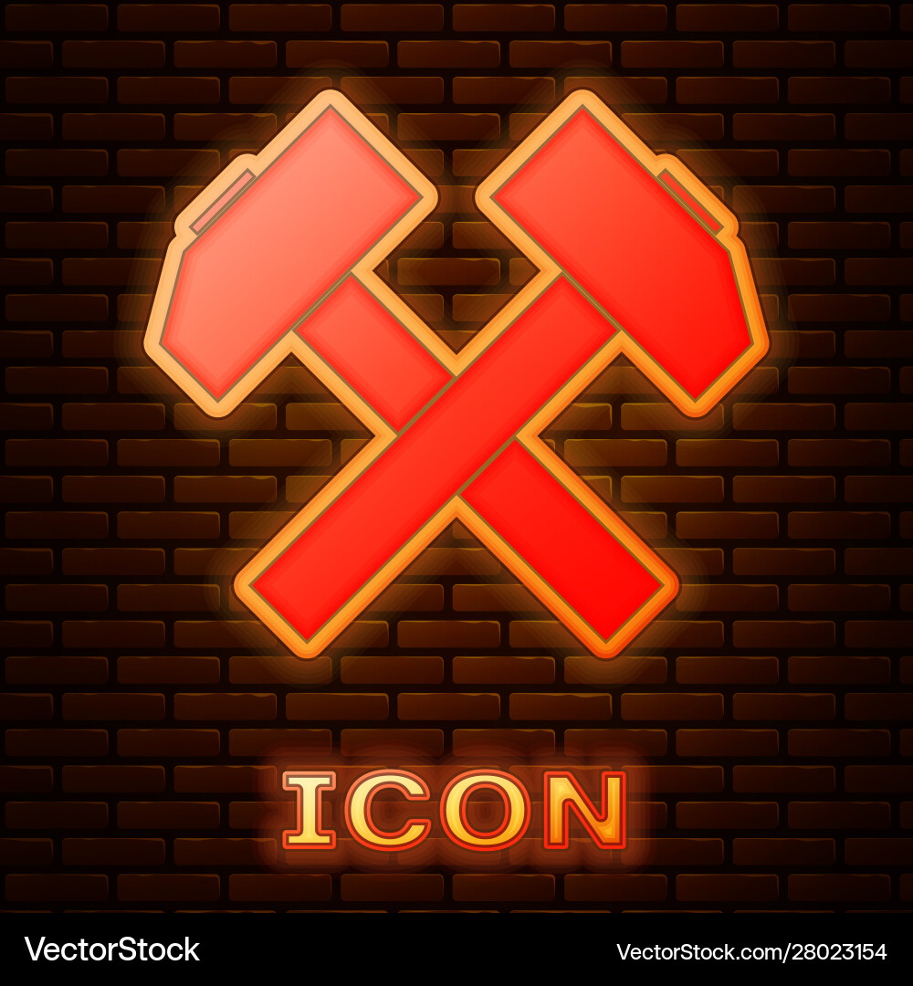 Glowing neon two crossed hammers icon isolated Vector Image