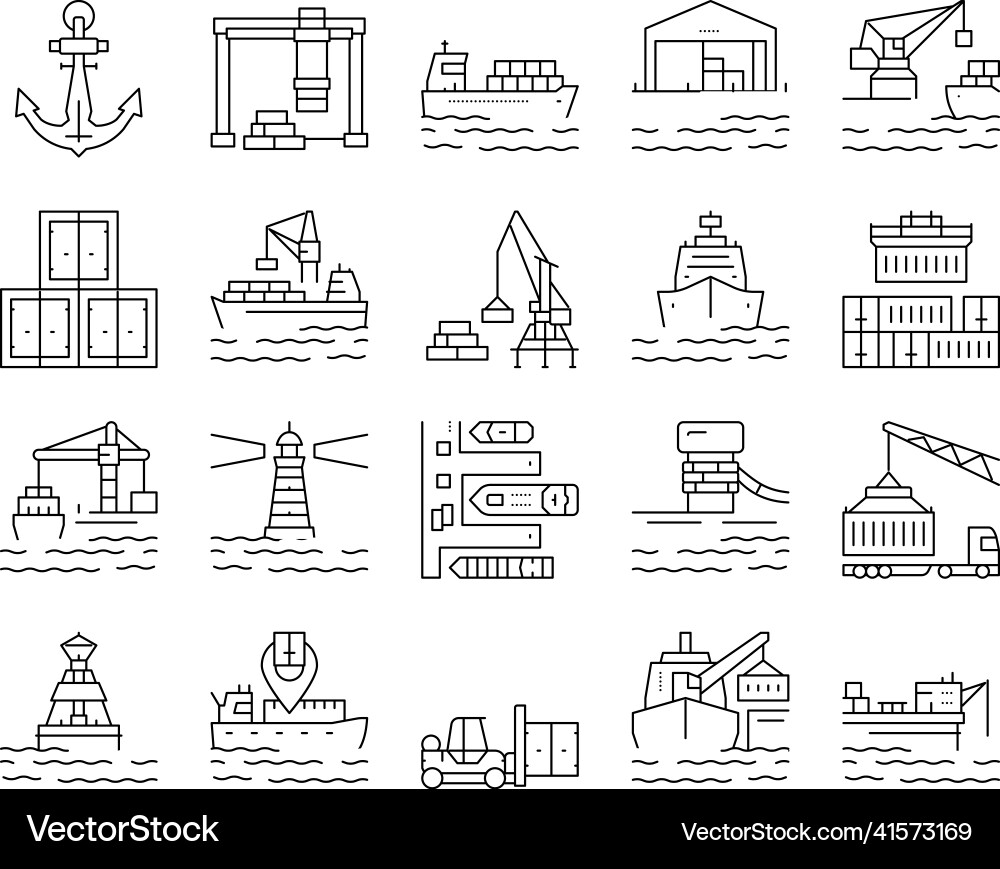 Container port tool collection icons set Vector Image