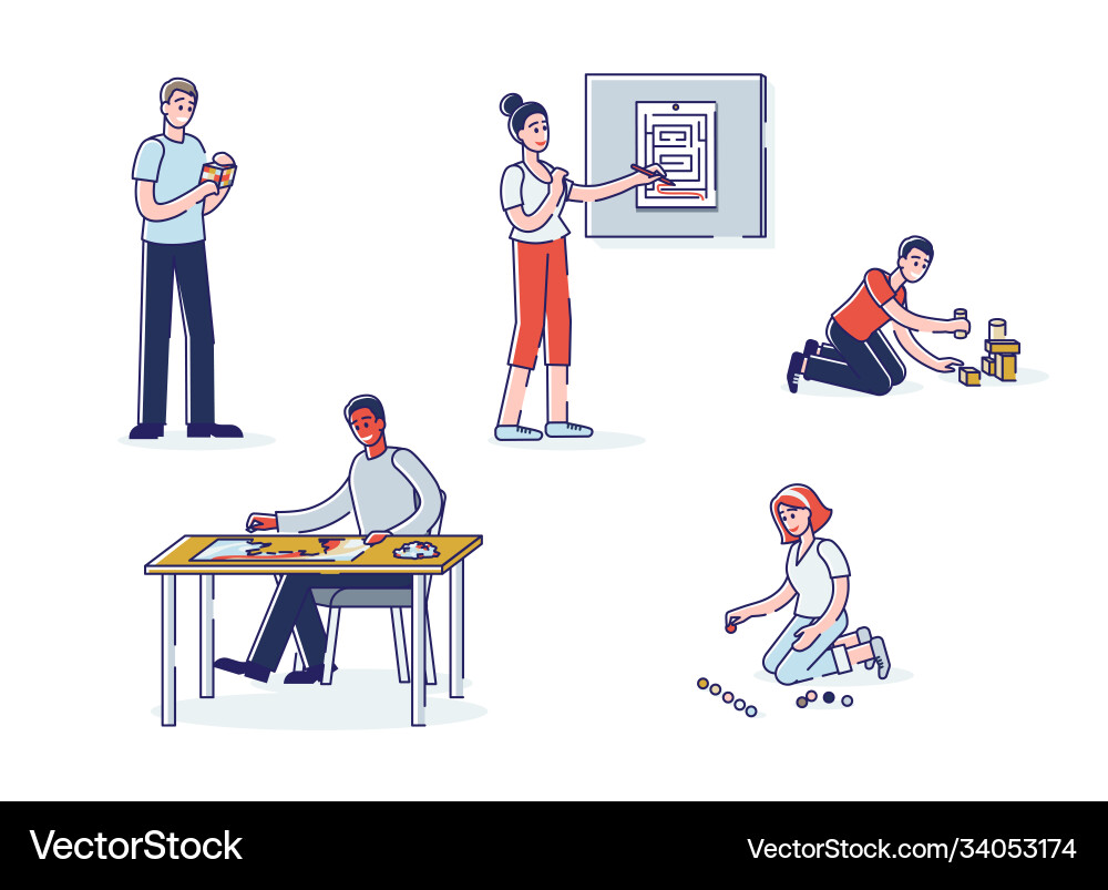 People playing logic games set cartoon Royalty Free Vector