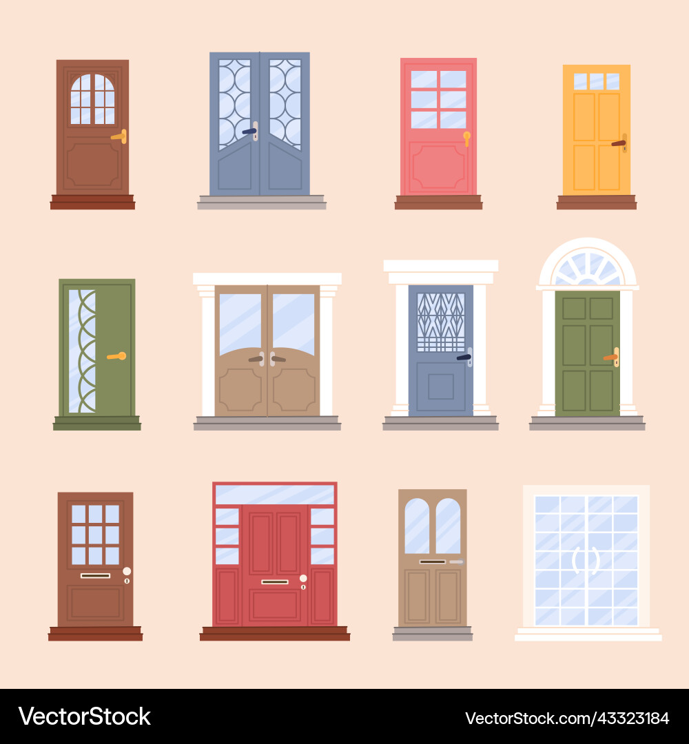 Old wooden doors set antique house front Vector Image