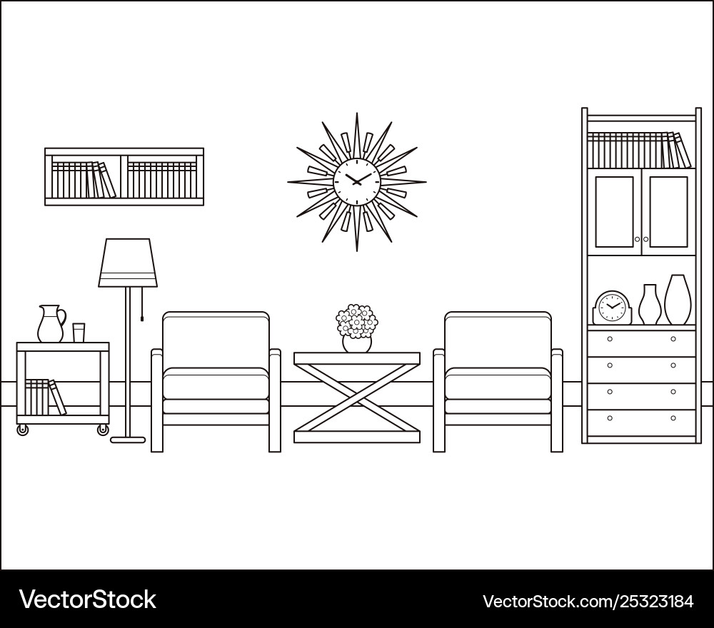 Retro outline room interior linear Royalty Free Vector Image