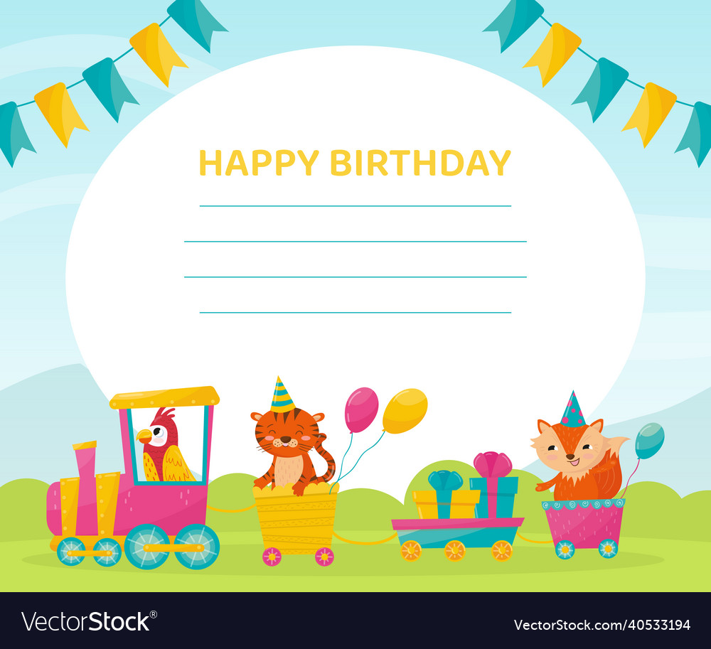 Kids birthday invitation card with cute cartoon Vector Image