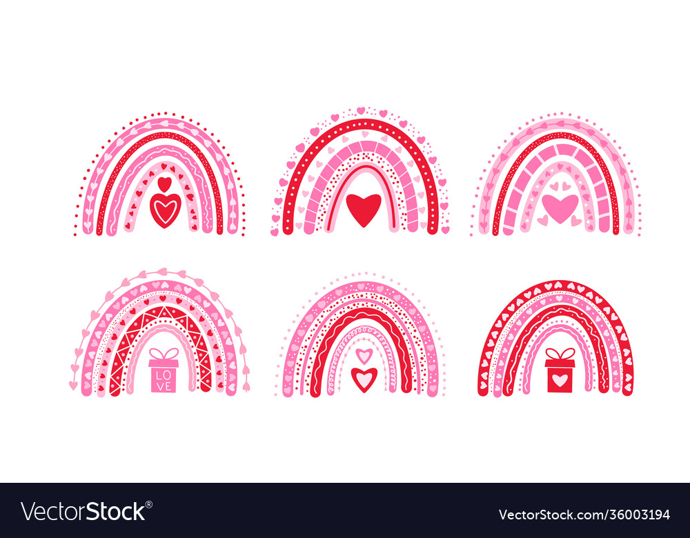 Valentines rainbows set 6 hand drawn cute boho Vector Image
