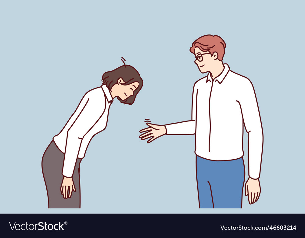 Young businessman extends hand to bowing woman Vector Image Young businessman extends hand to bowing woman Vector Image