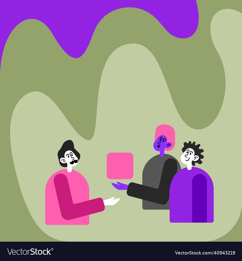 Three colleagues having meeting displaying cube Vector Image Three colleagues having meeting displaying cube Vector Image