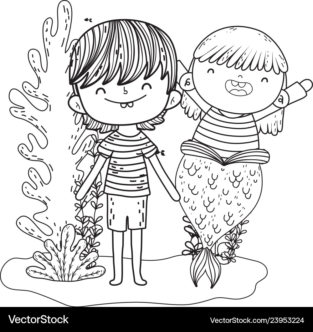 Cute mermaid with boy undersea Royalty Free Vector Image
