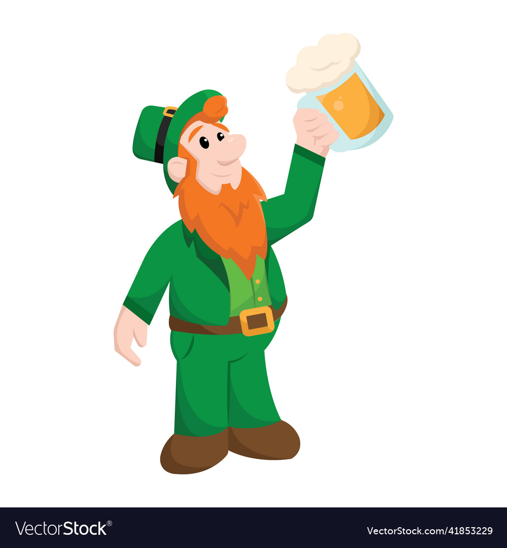 Isolated Happy Traditional Irish Elf With Beer Vector Image