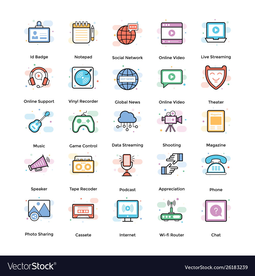 Broadcasting flat icons pack Royalty Free Vector Image