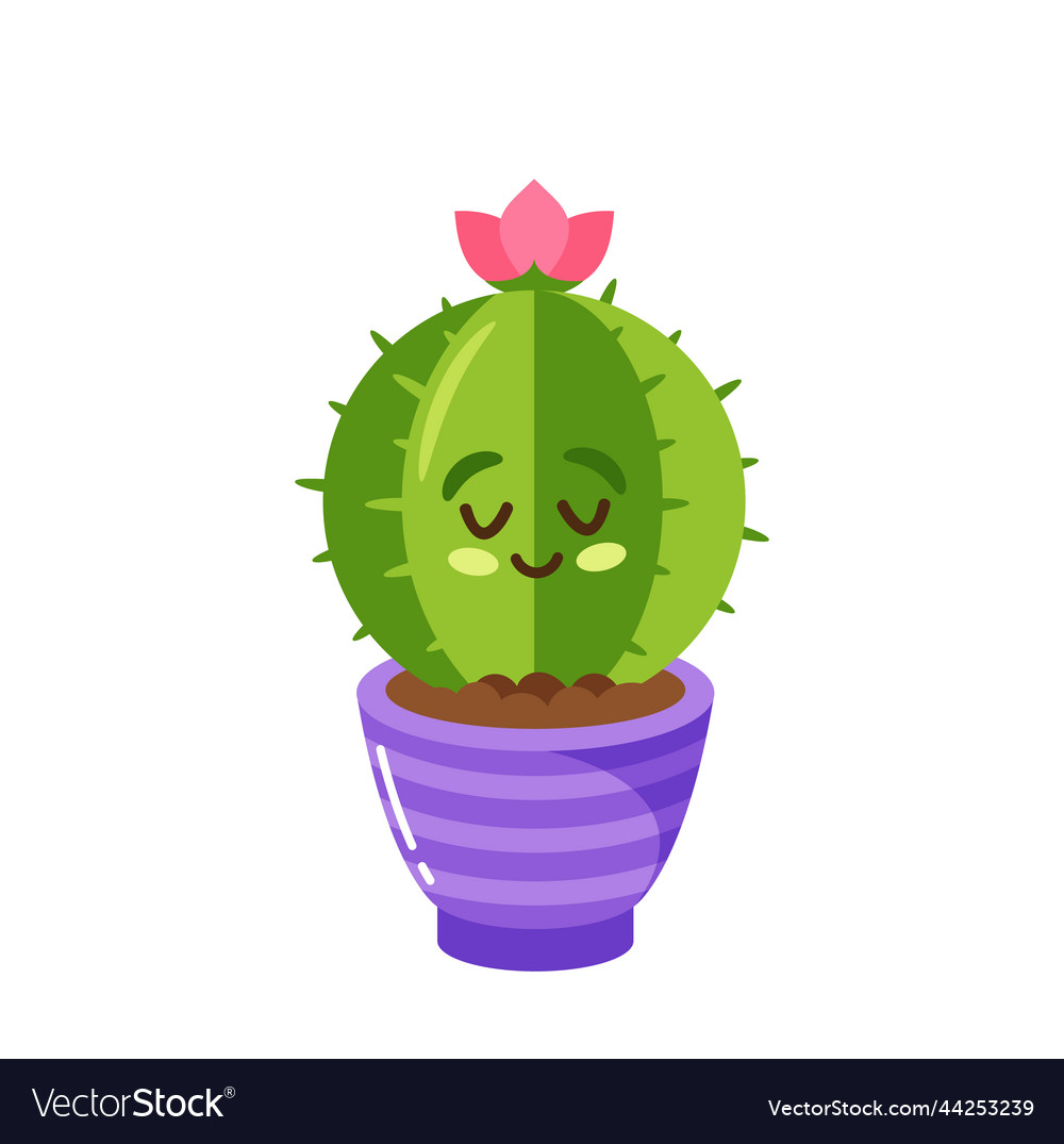 Kawaii Cactus In Flowerpot Isolated On White Vector Image