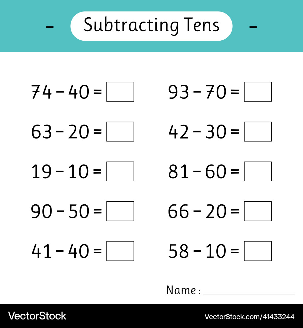 Subtracting tens math worksheets for kids Vector Image