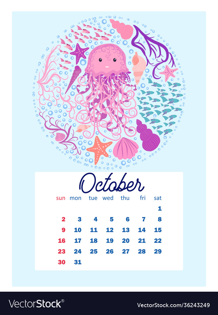 Marine life wall calendar design template Vector Image
