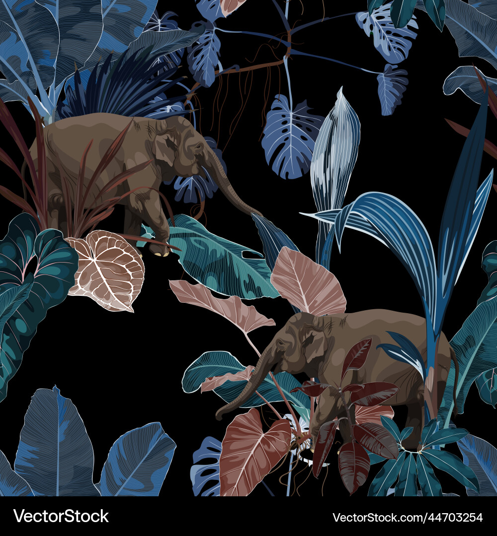 Tropical wild elephant animal abstract blue palm Vector Image