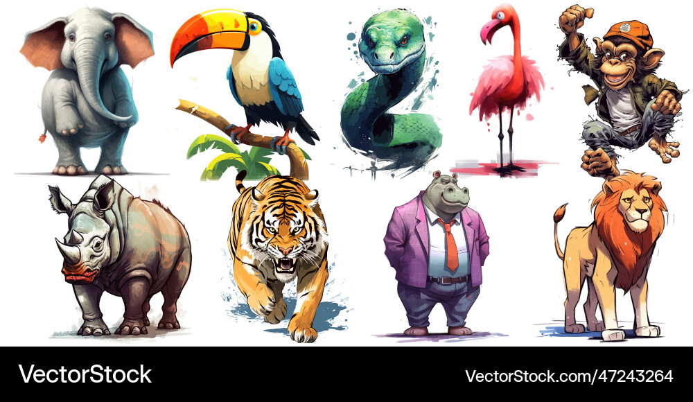 Monkey elephant tiger and lion rhinoceros Vector Image