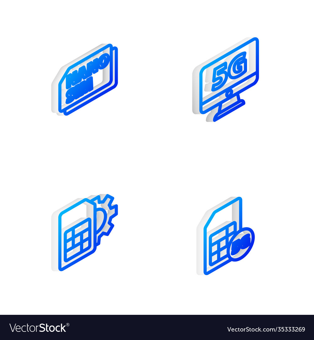 Set isometric line monitor with 5g network nano Vector Image