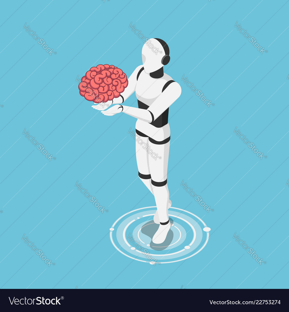 Isometric ai robot holding human brain Royalty Free Vector Isometric ai robot holding human brain Royalty Free Vector