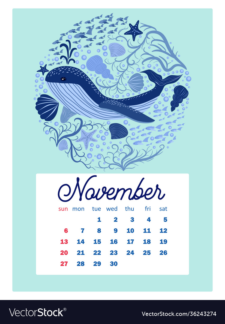 Marine life wall calendar design template Vector Image