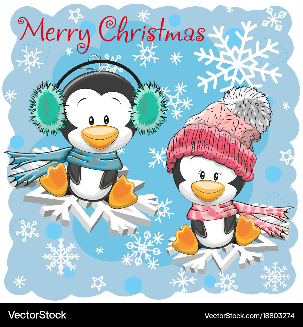 Two cute penguins on the snowflakes Royalty Free Vector