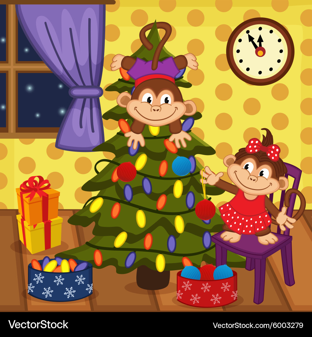 Monkey decorating christmas tree Royalty Free Vector Image