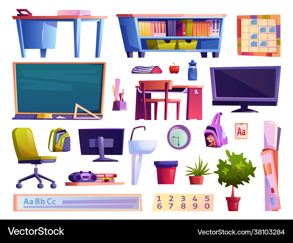 School classroom elements furniture and gadgets Vector Image