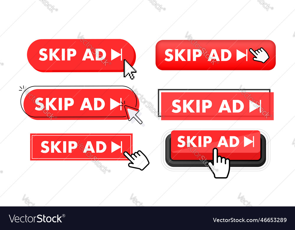 Set of skip ad button hand pointer clicking Vector Image