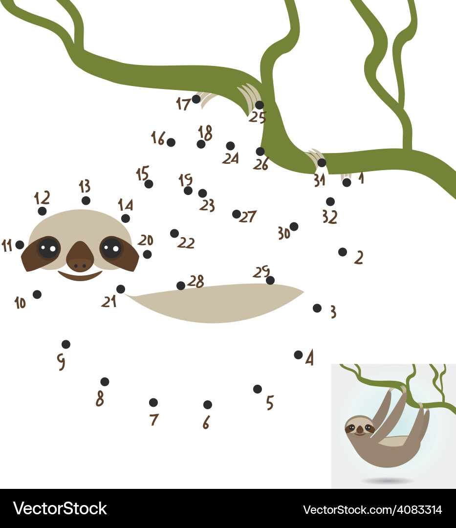 Numbers game dot game Three-toed sloth on green Vector Image