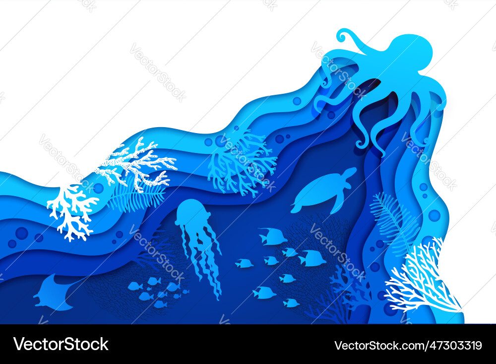 Underwater Paper Cut Silhouette Landscape Octopus Vector Image