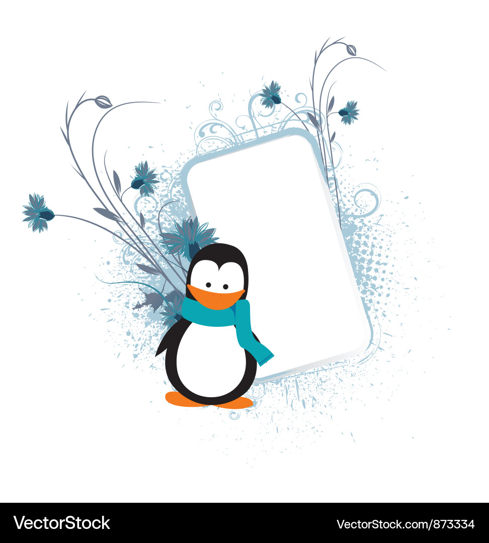 Penguin with floral frame Royalty Free Vector Image