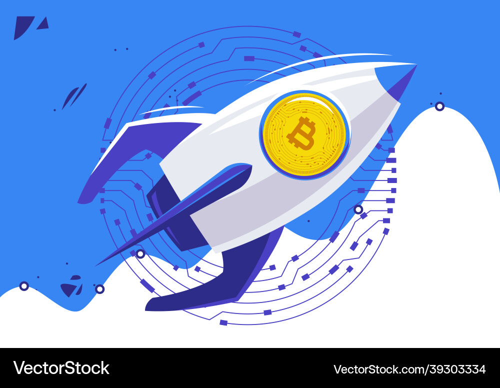 Rocket with a bitcoin gold coin flying up Vector Image