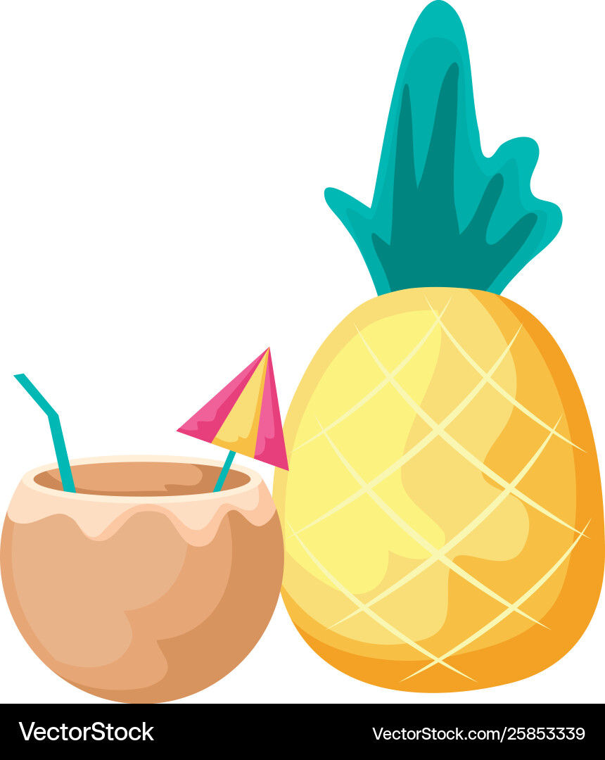 Fresh pineapple with cocktail coconut Royalty Free Vector