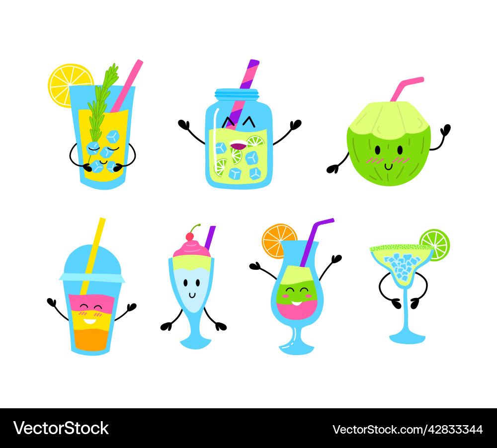 Cartoon color summer drinks characters icon set Vector Image