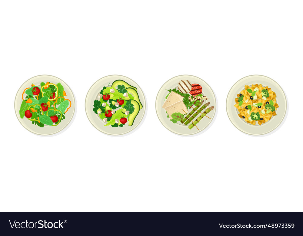 Different dish and meal served on plate above view