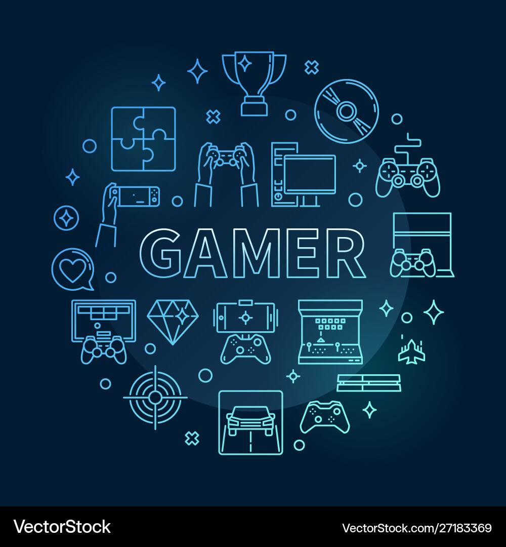 Gamer round concept blue thin line Royalty Free Vector Image
